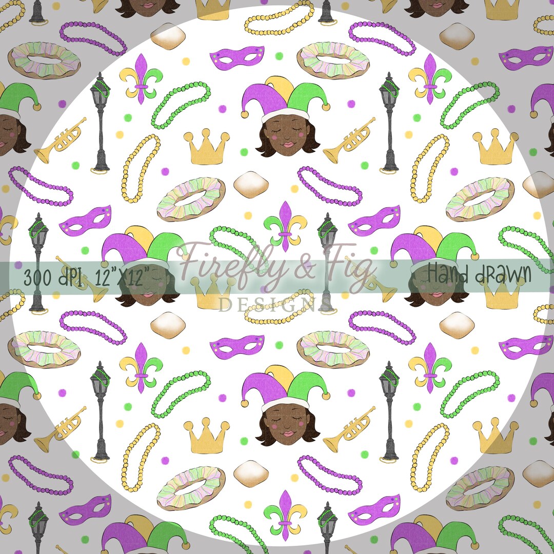 Watercolor Jester King Cake Mardi Gras Beads Seamless Pattern 300 DPI ...