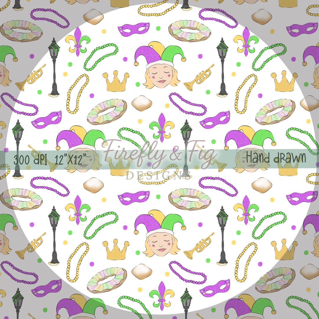 Watercolor Jester King Cake Mardi Gras Beads Seamless Pattern 300 DPI ...