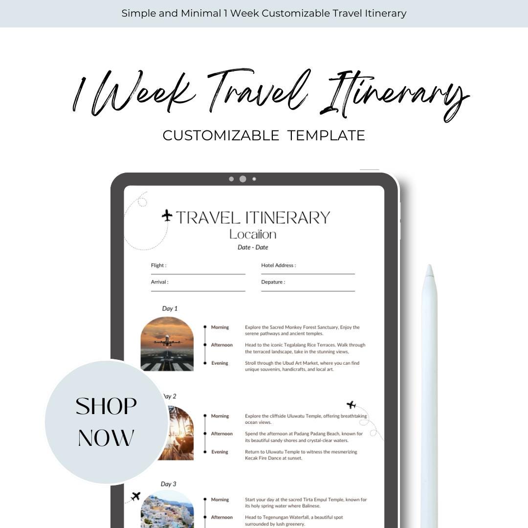 Custom One-week Travel Itinerary Printable, Travel Itinerary Template ...