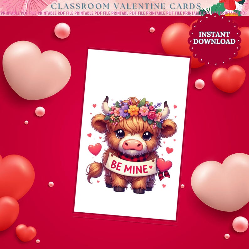 Highland Cow Valentine Cards | Kids Classroom Printable (PDF) - Etsy