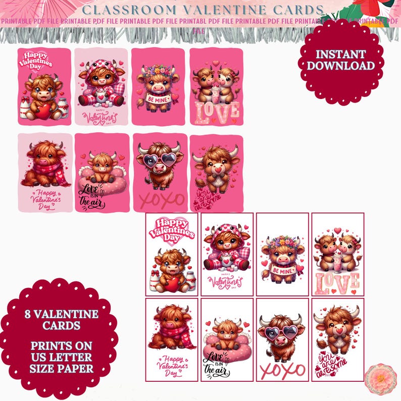Highland Cow Valentine Cards | Kids Classroom Printable (PDF) - Etsy