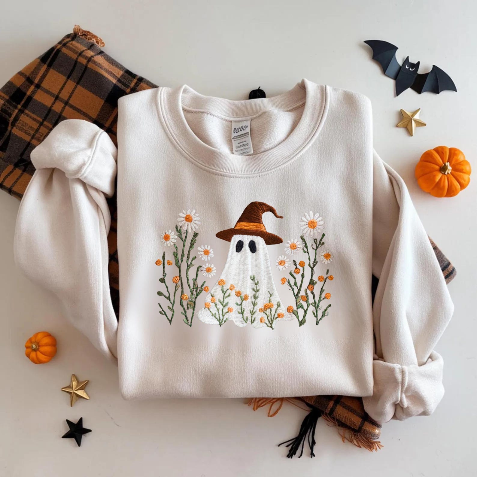 Embroidered Halloween Ghost Sweatshirt: Spooky Floral Tee - Etsy
