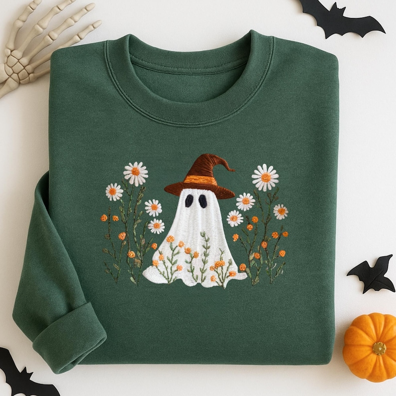 Embroidered Halloween Ghost Sweatshirt: Spooky Floral Tee - Etsy