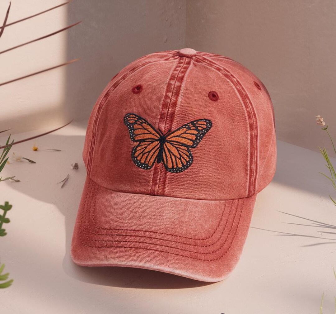 Monarch Butterfly Embroidered Baseball Cap, Gardening Hat, Orange ...