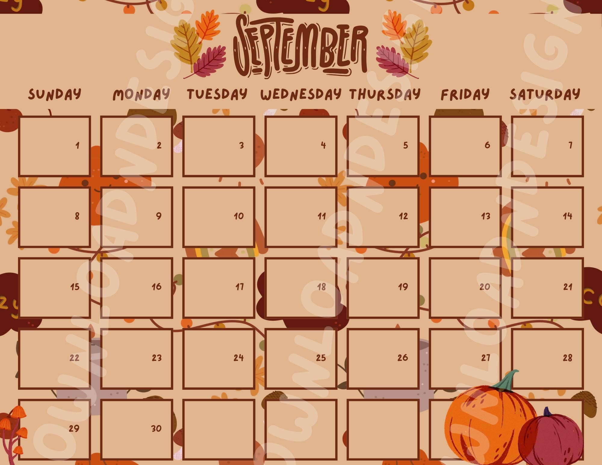 September 2024 Calendar | Fall Mix | Instant Download - Etsy