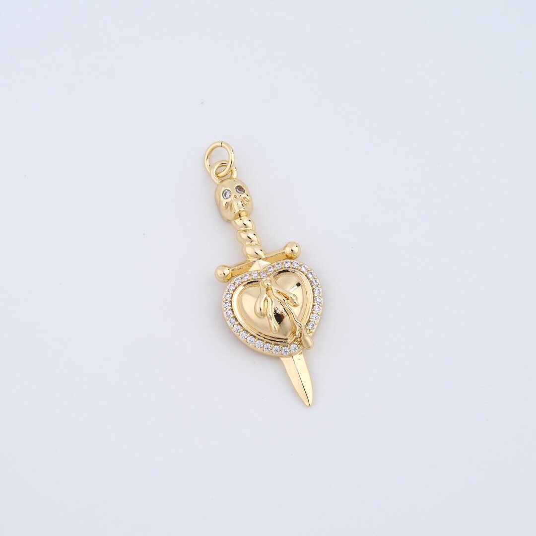 18K Gold Filled Sword Pendant,heart Sword Charms,micropavé CZ Sword ...