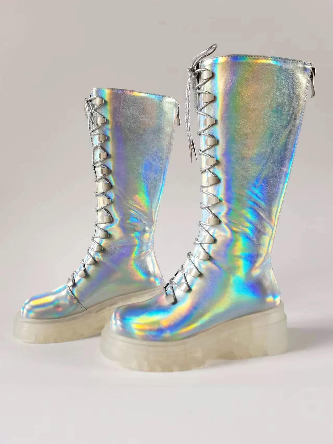 Holographic Platform Boots: Iridescent Silver Patent Leather, Festival ...