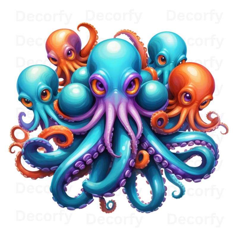 8 Octopuses Watercolor Clipart Bundle PNG Octopus Images, Beautiful ...