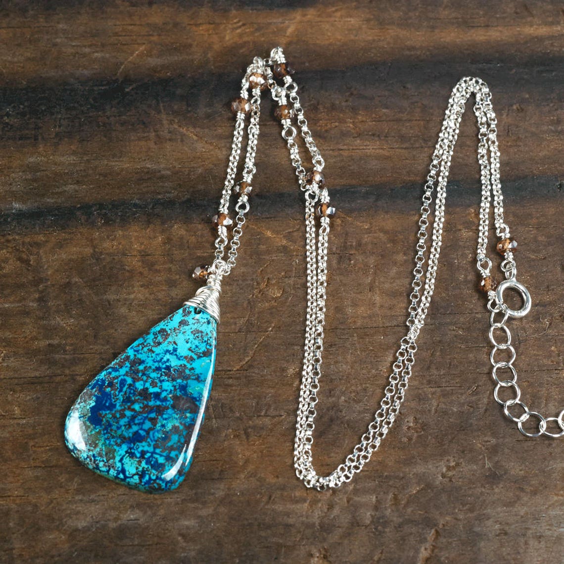 Azurite Pendant 925 Silver Necklace Brown Zircon Chain - Etsy