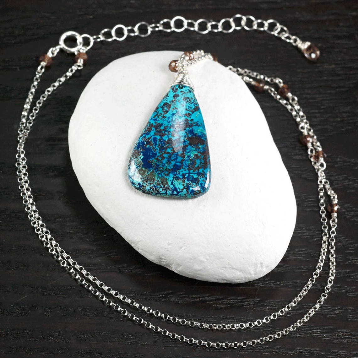 Azurite Pendant 925 Silver Necklace Brown Zircon Chain - Etsy