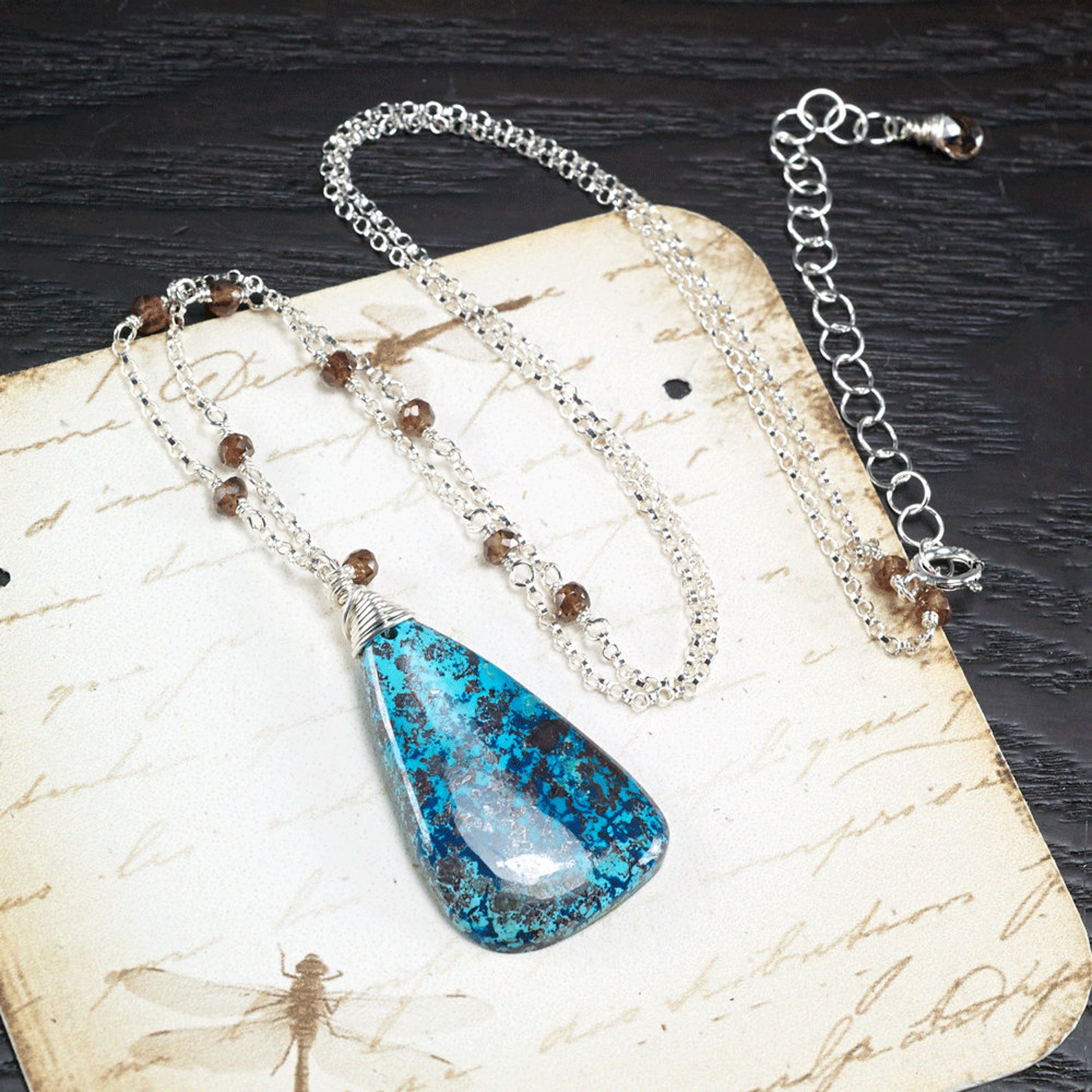 Azurite Pendant 925 Silver Necklace Brown Zircon Chain - Etsy
