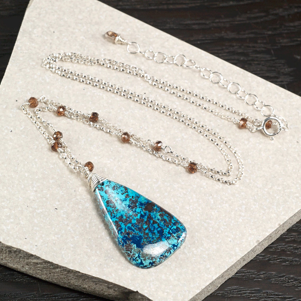 Azurite Pendant 925 Silver Necklace Brown Zircon Chain - Etsy