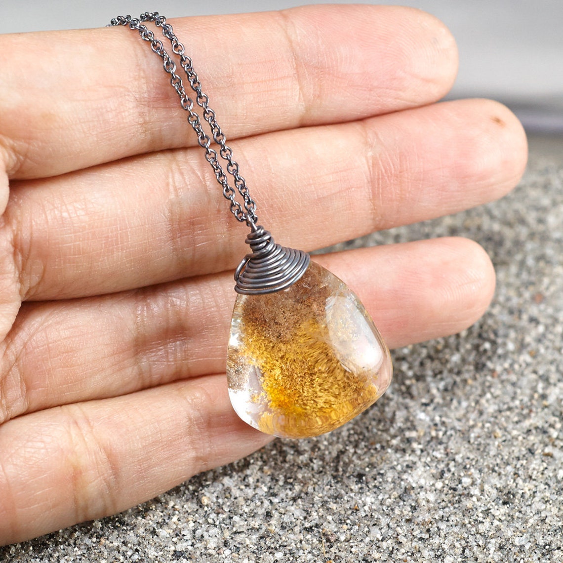 Lodolite Garden Quartz Pendant Necklace, Oxidised 925 Silver, Citrine ...