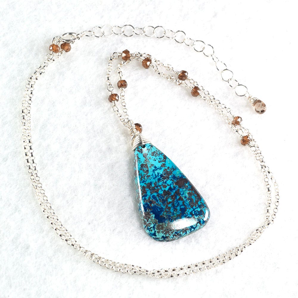 Azurite Pendant 925 Silver Necklace Brown Zircon Chain - Etsy