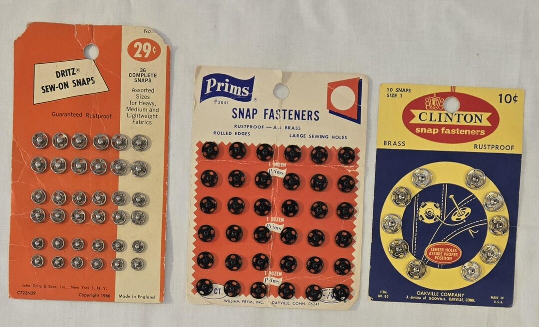 3pc Vintage Snap Fasteners ~ Complete Cards ~ Prims, Dritz, Clinton New ...