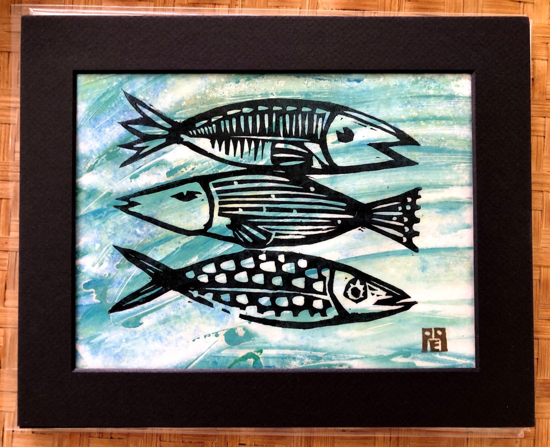 Three Fishes Block Print Artsy Fish Small Wall Art - Etsy