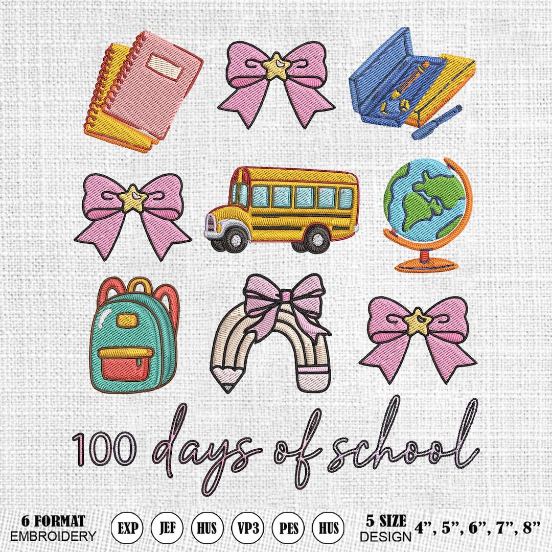 100 Days of School Embroidery Digital, School Embroidery Design, 100 ...