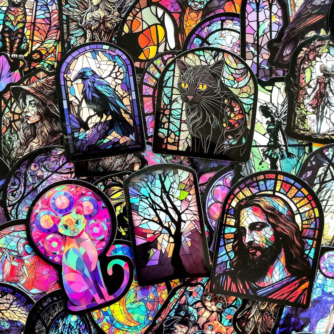 100 Random Stained Glass Stickers, Gothic Fantasy Stickers, Witchy Black Cat Stickers ...