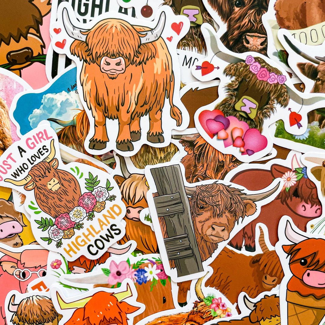 100 Random Highland Cow Stickers, Scottish Highland Cattle Stickers ...