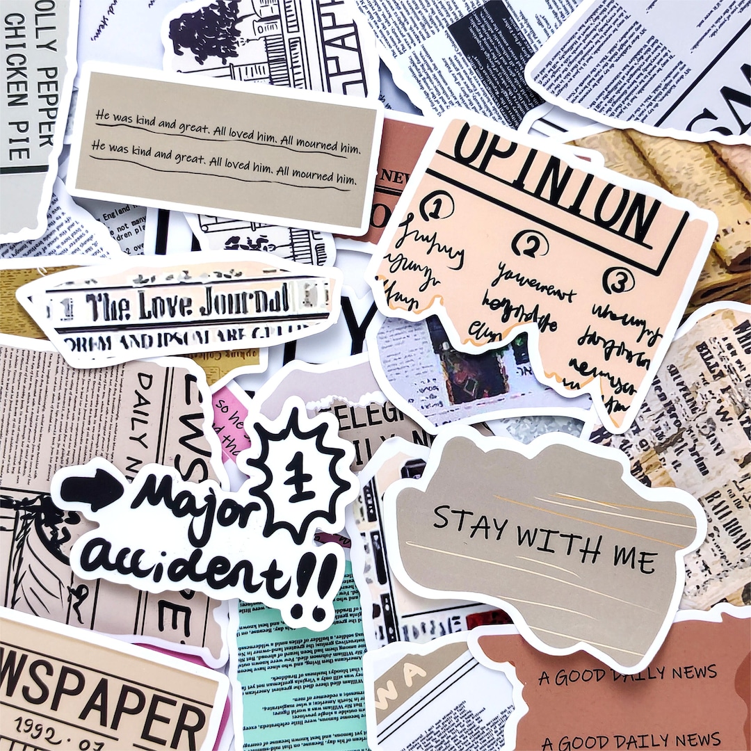 50 Random Vinyl Stickers, Aesthetic Newspaper-themed, Waterproof Book ...