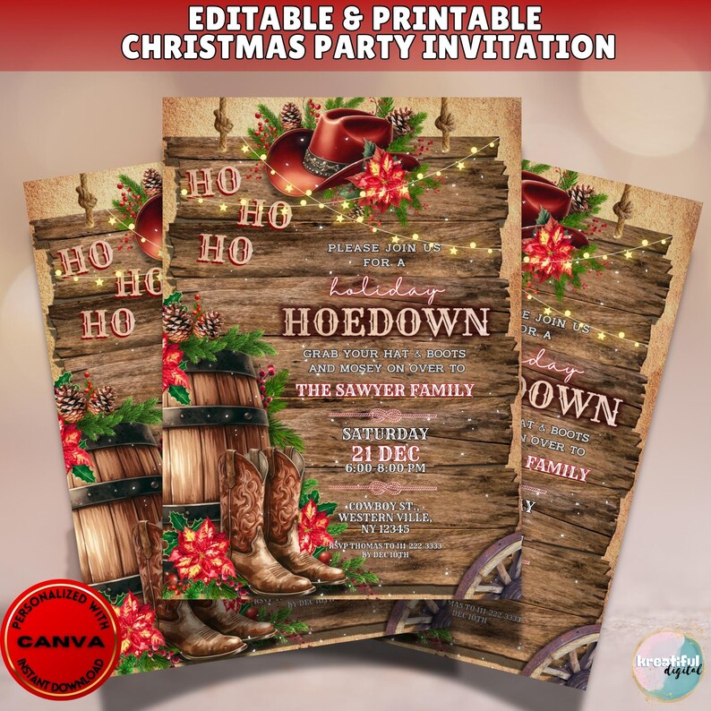 Editable Western Christmas Invitation, Hoedown Party Invitation, Cowboy ...