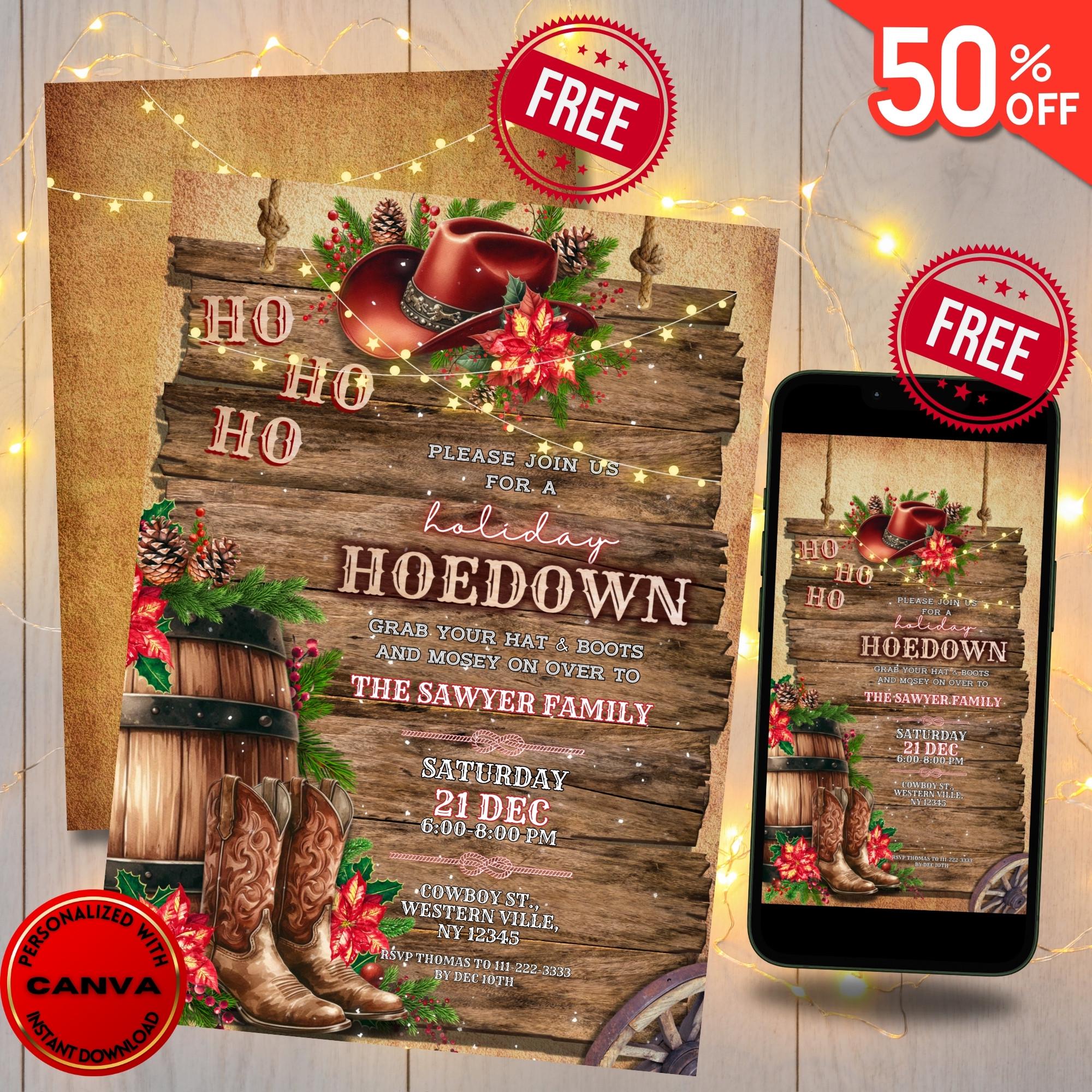 Editable Western Christmas Invitation, Hoedown Party Invitation, Cowboy ...
