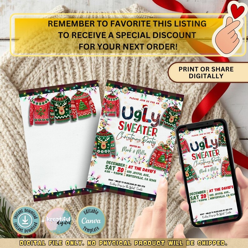 Editable Ugly Sweater Party Invitation Template, Ugly Sweater Christmas ...