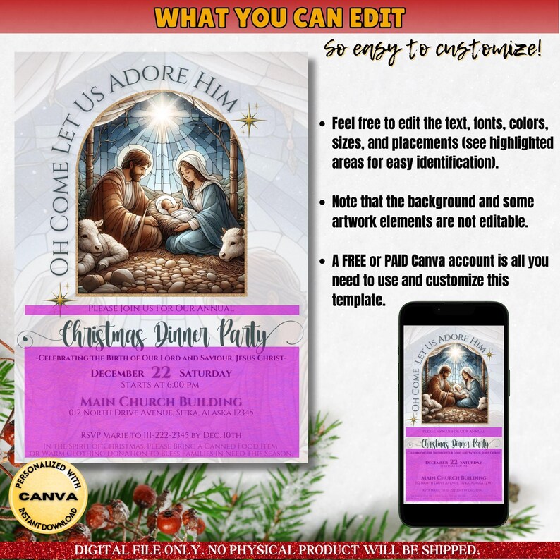 Editable Nativity Scene Christmas Party Invitation Template, LDS Invitation, Stained Glass ...