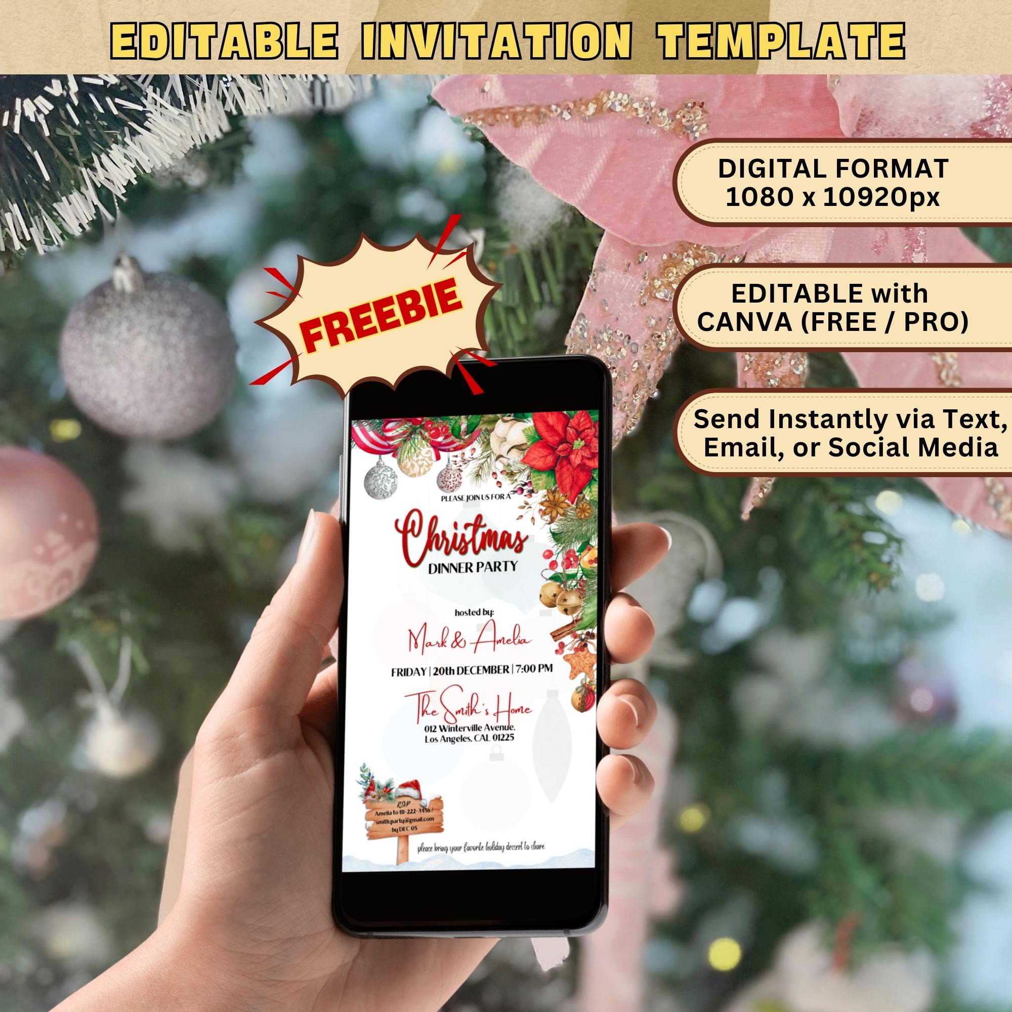 Editable Christmas Dinner Party Invitation Template, Christmas Party ...