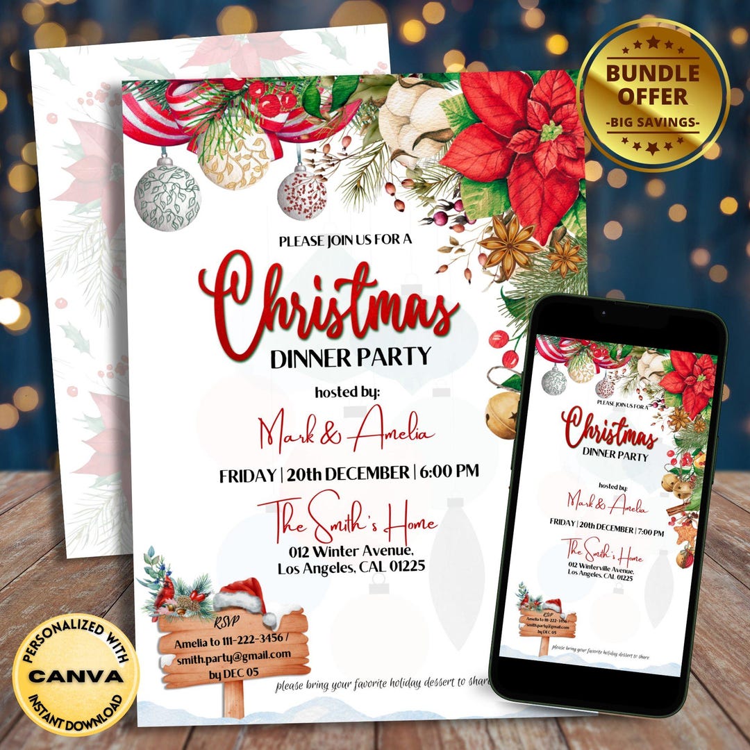 Editable Christmas Dinner Party Invitation Template, Christmas Party ...