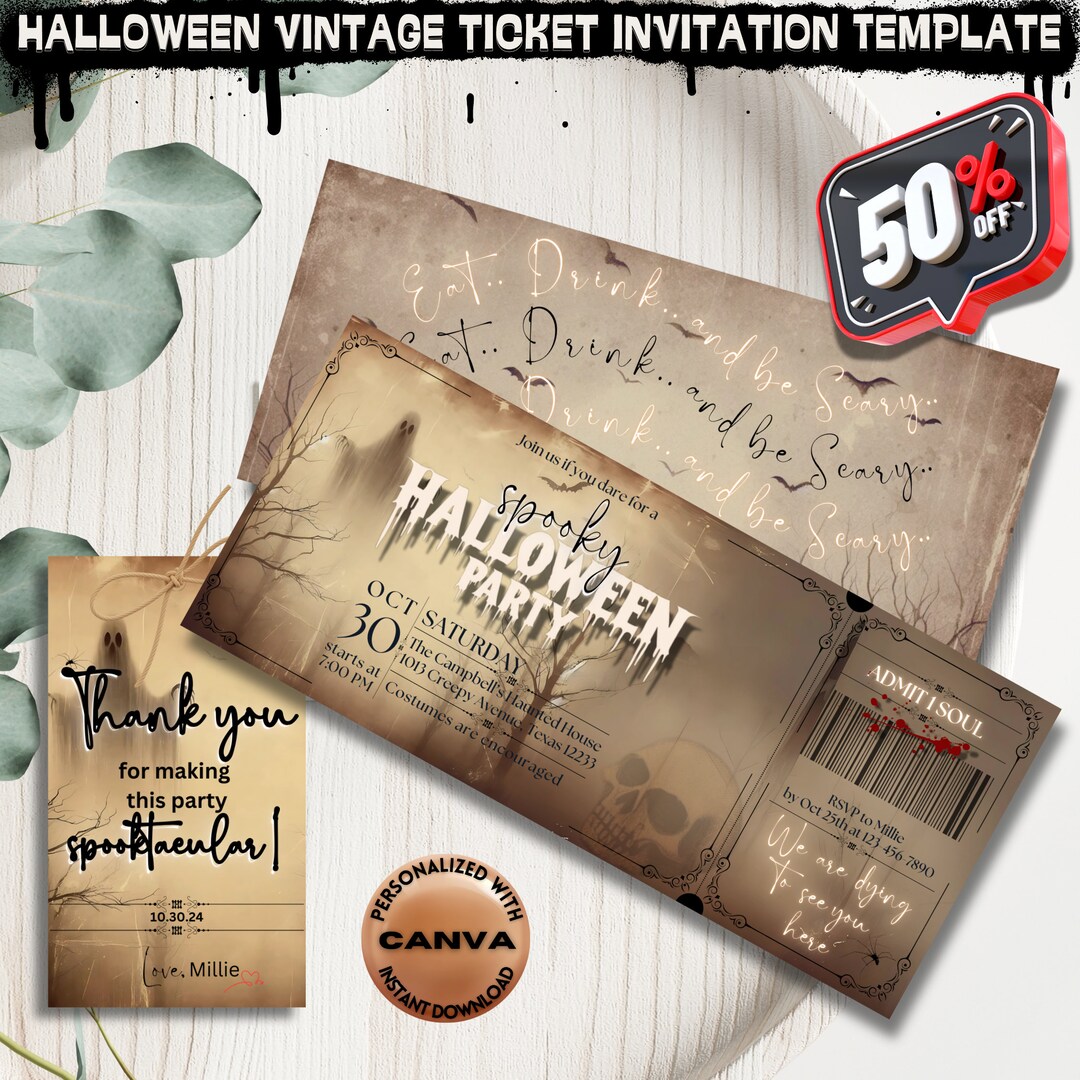 EDITABLE Halloween Ticket Invitation, Vintage Halloween, Editable ...