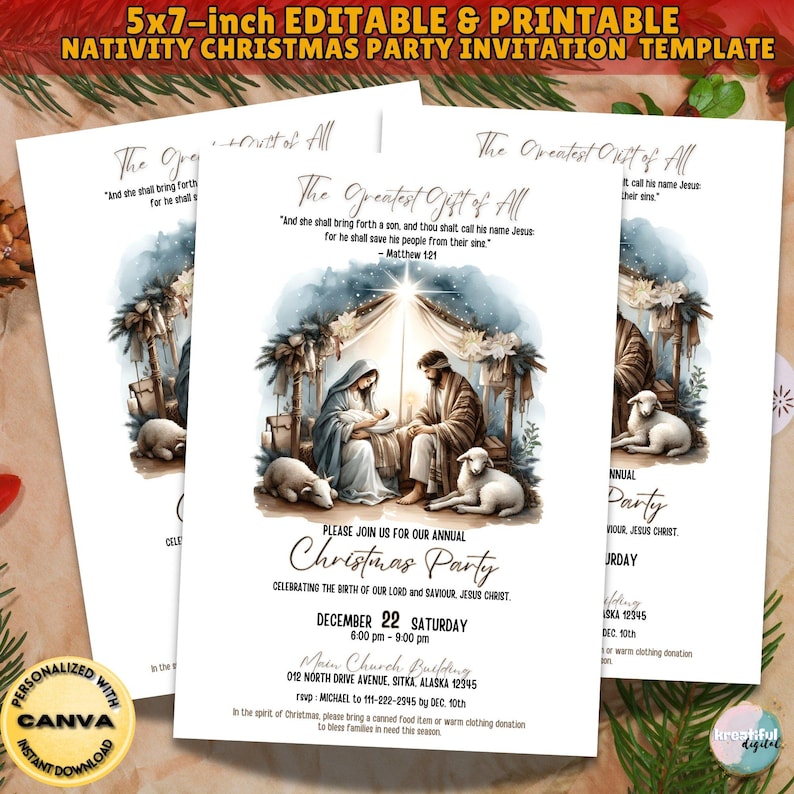 Editable Nativity Scene Christmas Party Invitation Template, LDS Invitation, Christian Christmas ...
