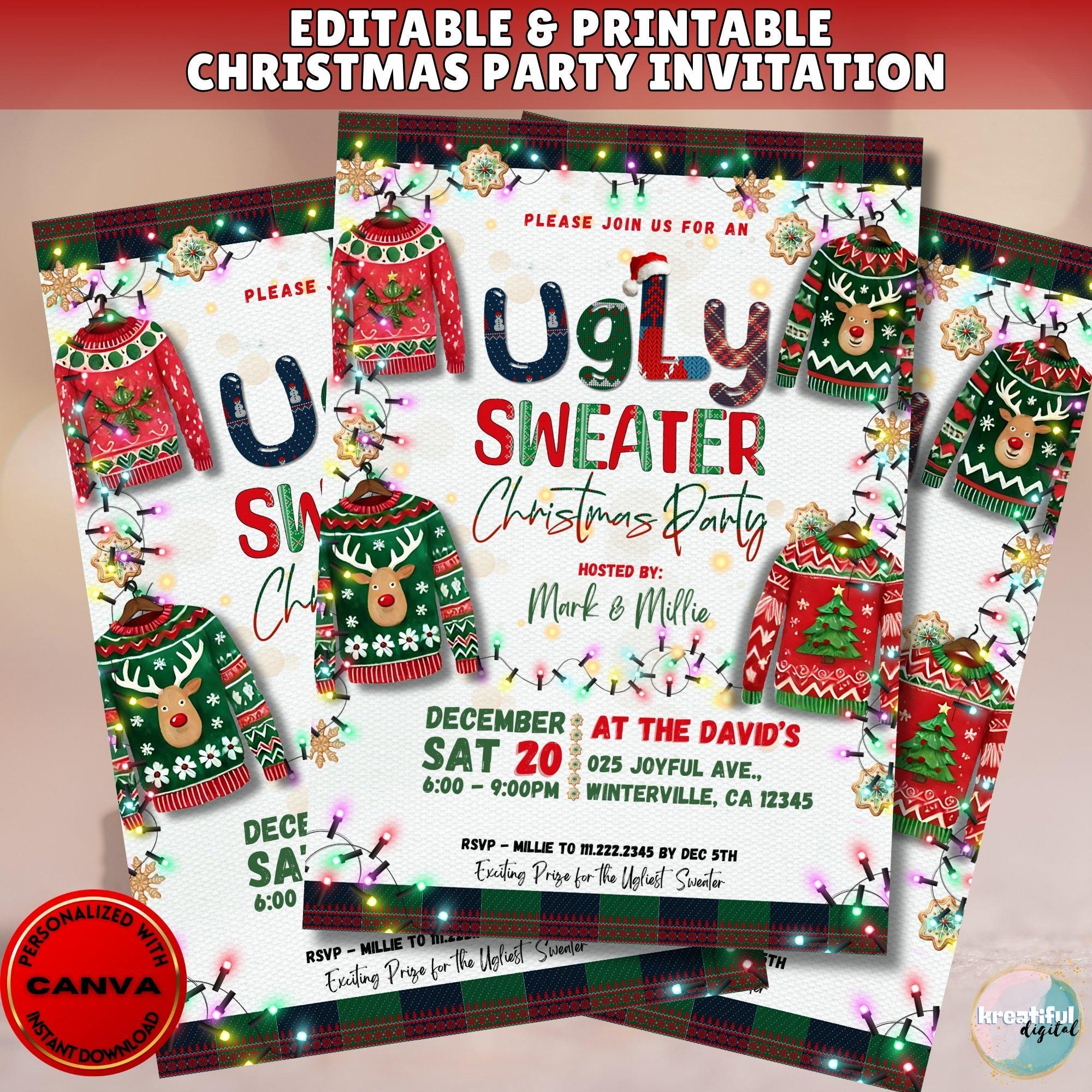 Editable Ugly Sweater Party Invitation Template, Ugly Sweater Christmas ...