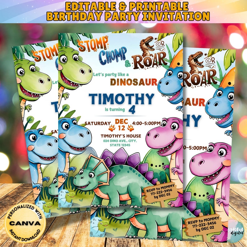 Editable Dinosaur Birthday Invitation: Stomp, Chomp, Roar (digital ...