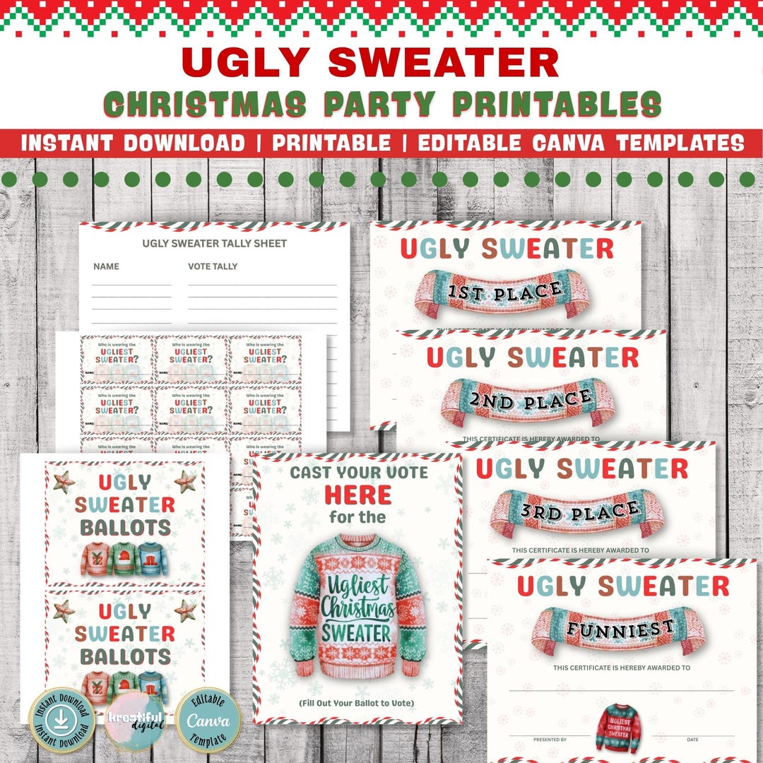 Ugly Sweater Printable, Ugly Sweater Bundle, Editable Canva Templates ...