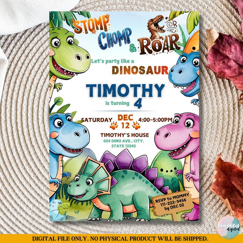 Editable Dinosaur Birthday Invitation: Stomp, Chomp, Roar (digital ...