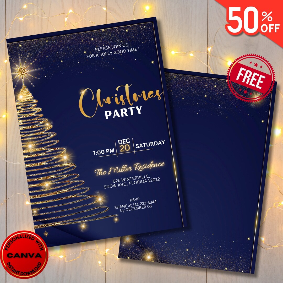 Editable Blue Christmas Party Invitation, Gold Christmas Tree Invite ...