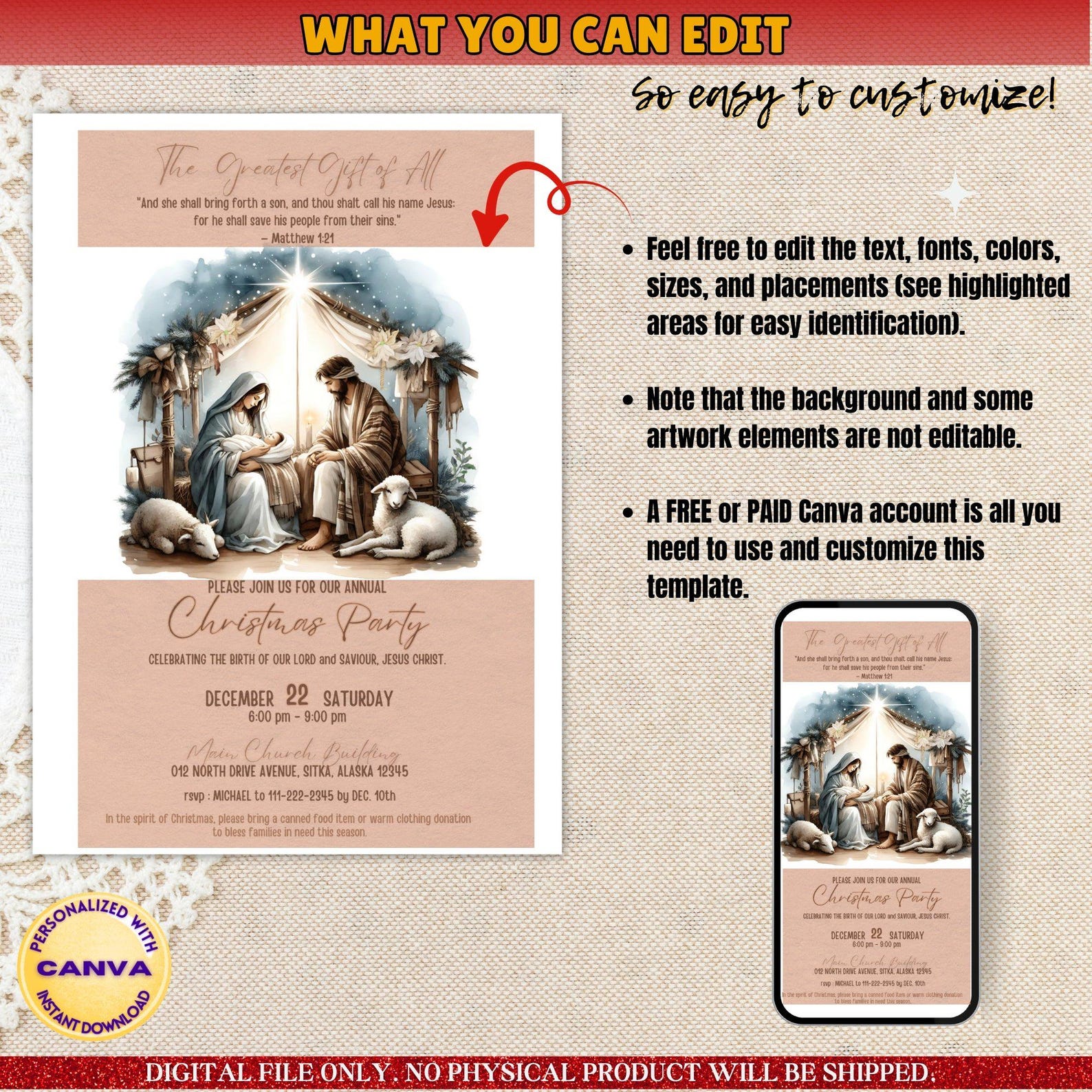 Editable Nativity Scene Christmas Party Invitation Template, LDS ...