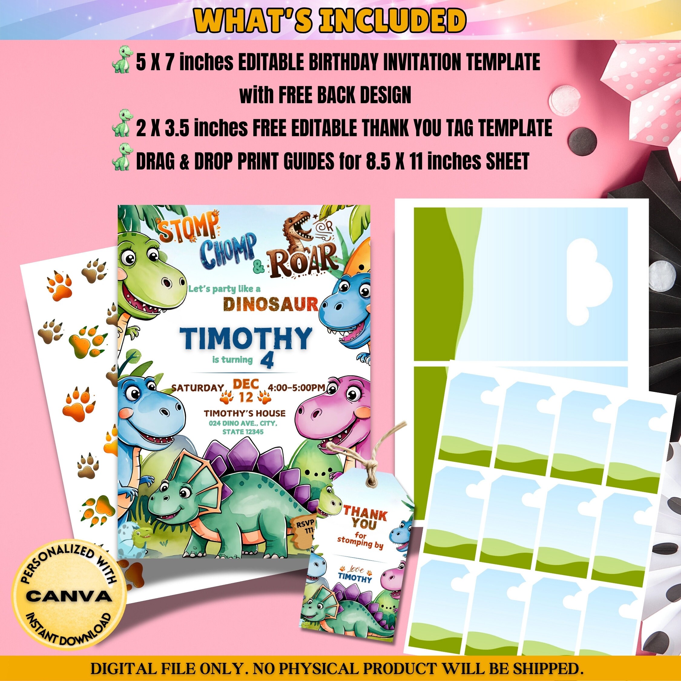 Editable Dinosaur Birthday Invitation: Stomp, Chomp, Roar (digital ...