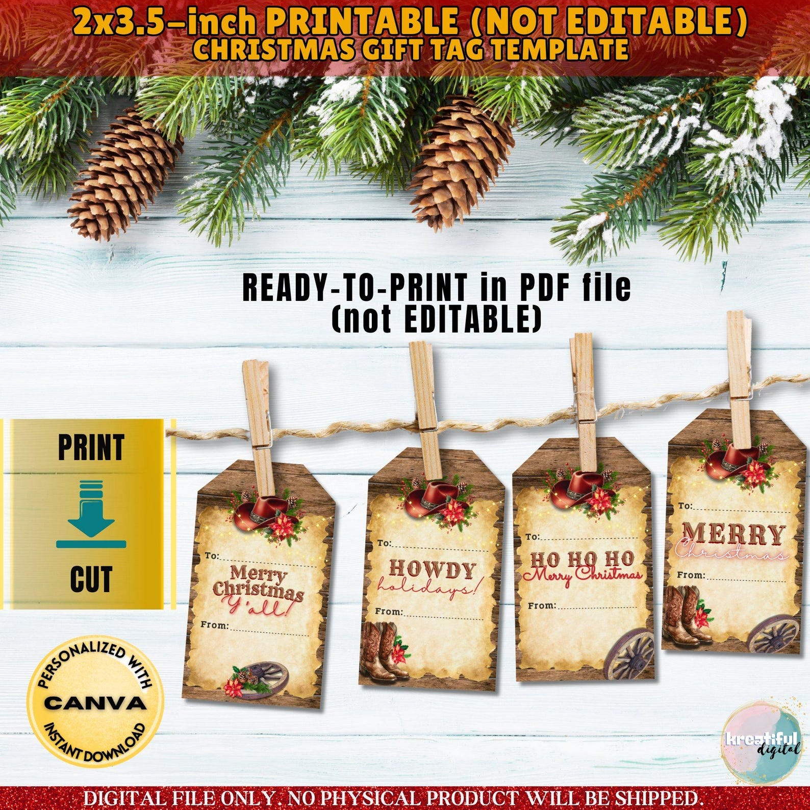 Editable Western Christmas Tags, Rustic Christmas Tags, Printable Gift ...