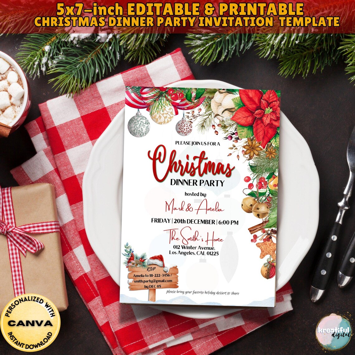 Editable Christmas Dinner Party Invitation Template, Christmas Party ...