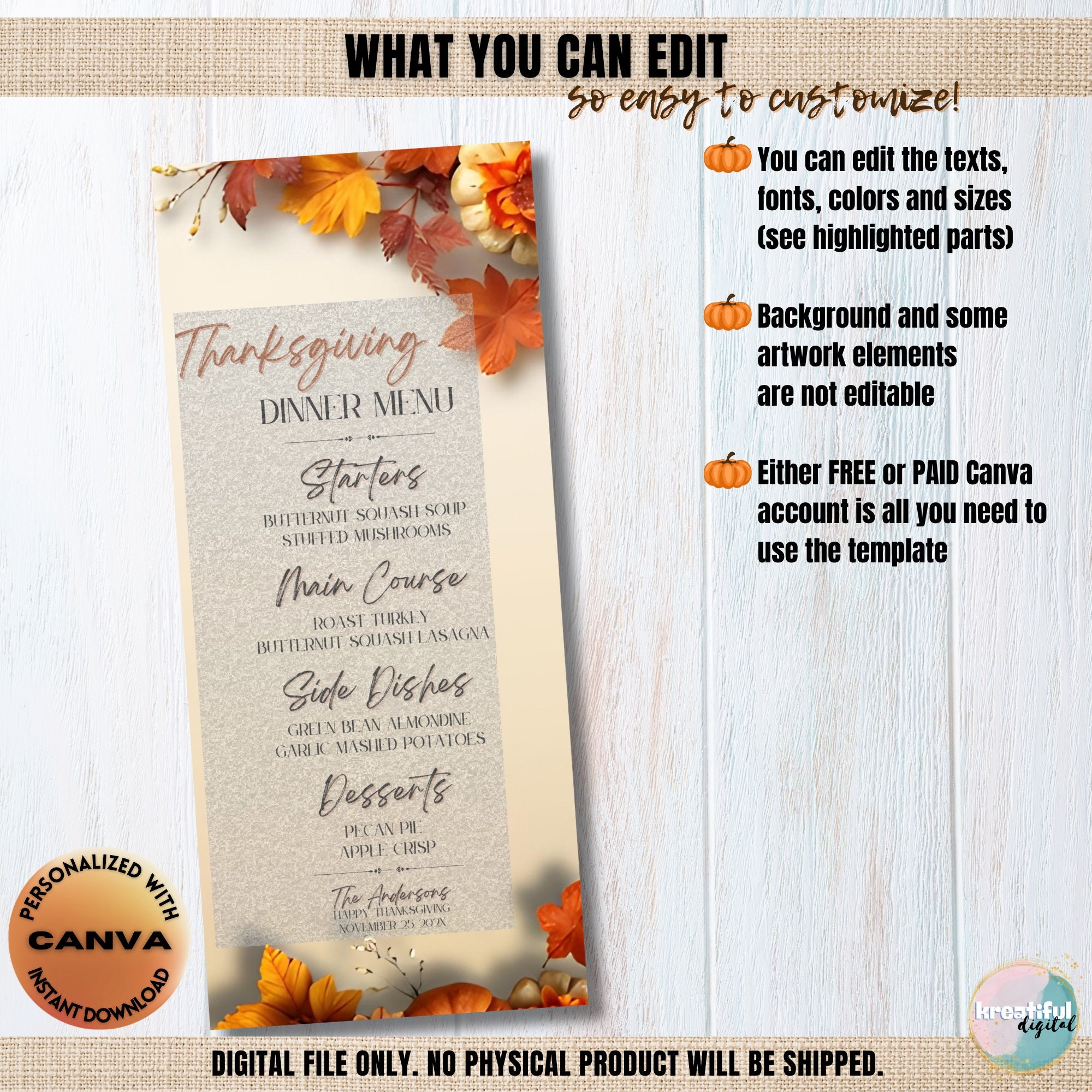 Editable Thanksgiving Dinner Menu, Printable Thanksgiving, Thanksgiving ...