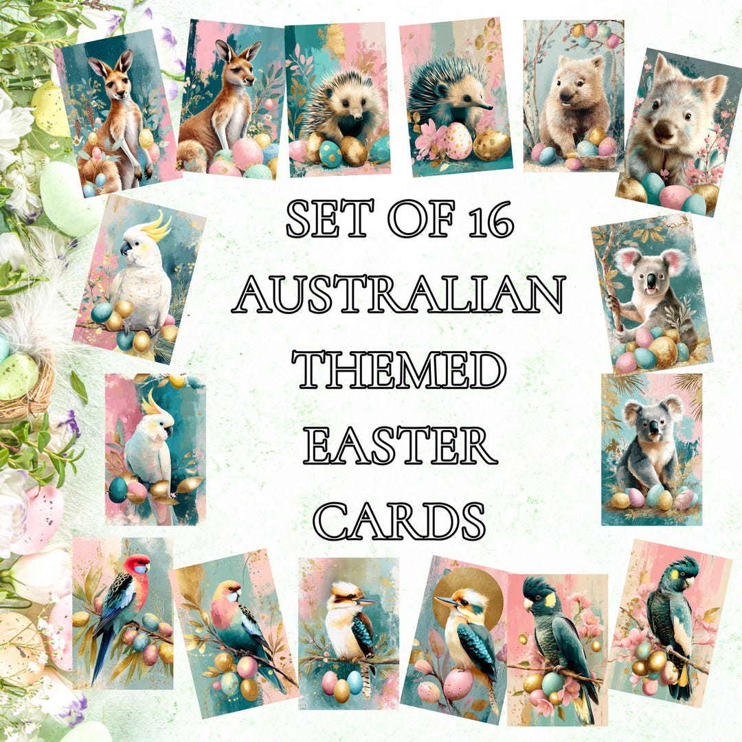 Australian Easter Cards Printable Set of 16 | Australian Easter Animal ...