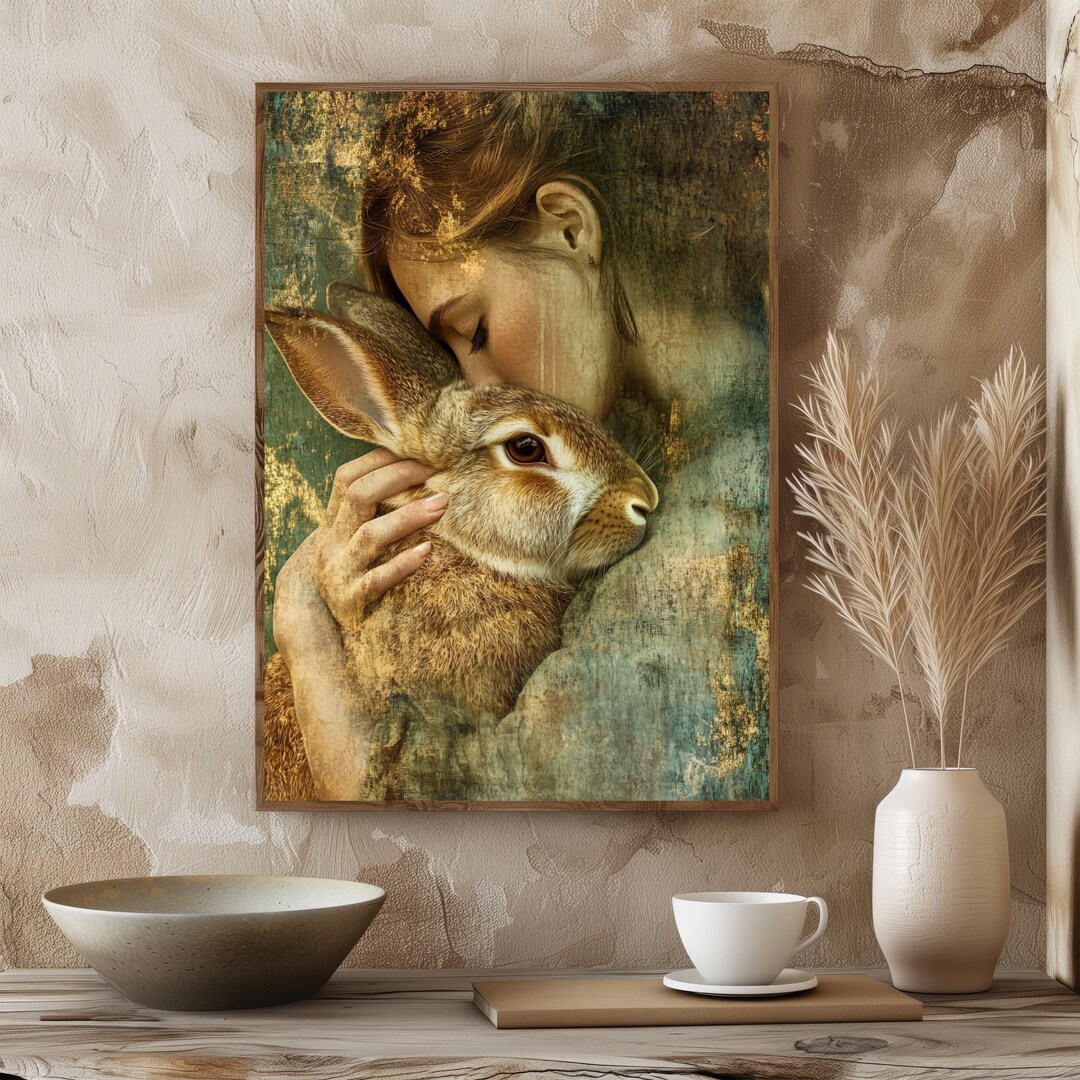 Vintage-style Woman and Rabbit Art Poster Print, Rolled Posters for ...