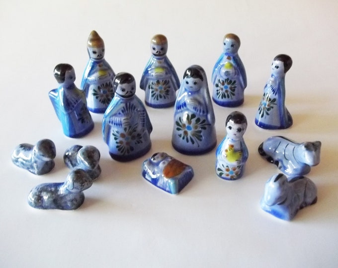 Vintage Mexican Nativity Set, Blue & Brown, 14 Piece Hand Painted ...