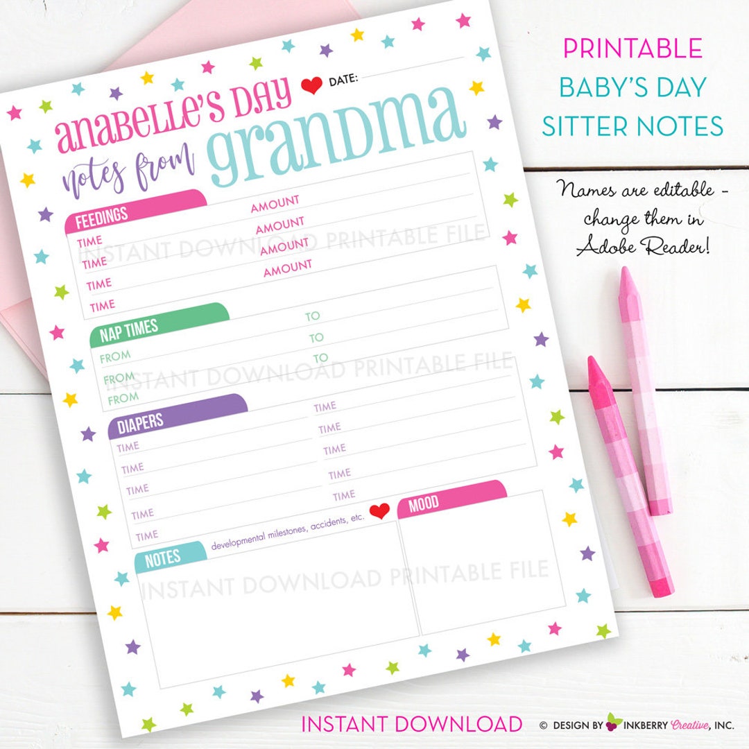 Printable Baby's Day, Babysitter Notes - Sections for Naps / Sleeping ...