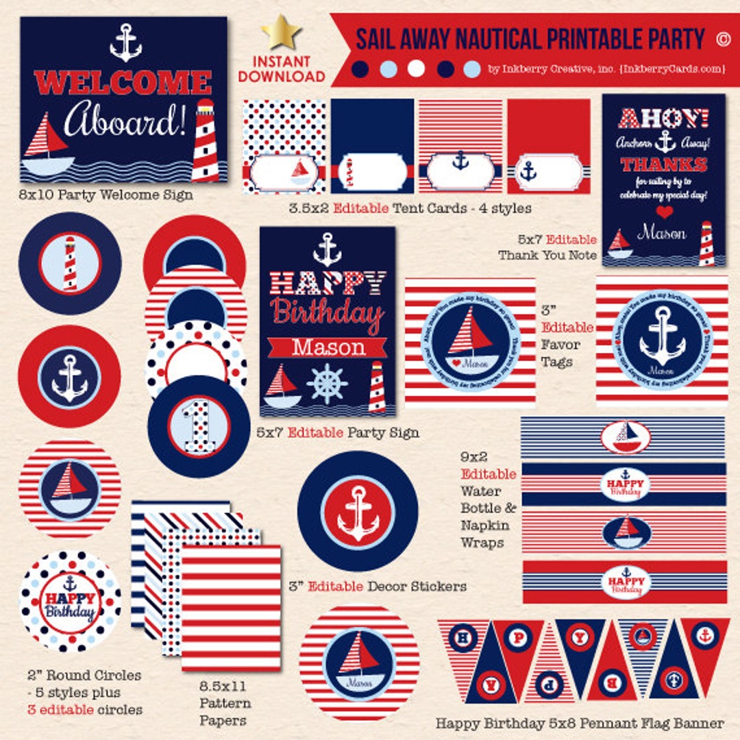 Sail Away Nautical Birthday Party - Red / Navy Blue - Diy/printable ...