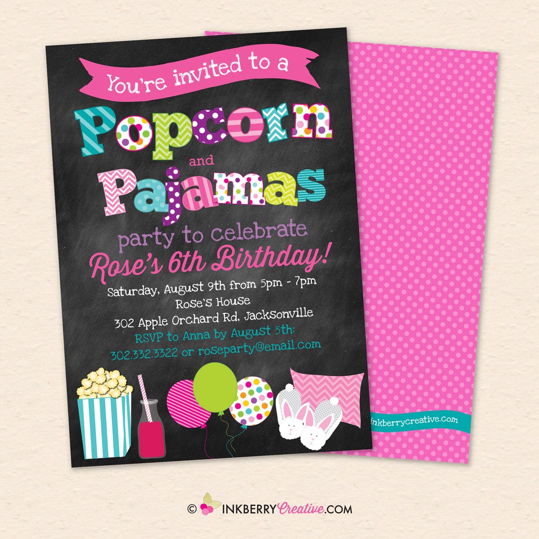 Popcorn and Pajamas Invitation Popcorn PJ Party Invite Chalkboard ...