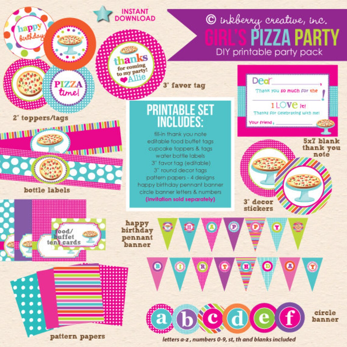 Girls Pizza Party DIY Printable Complete Party Pack - Etsy