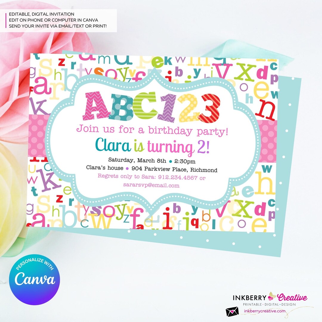 Alphabet Birthday Party Invitation Girls - Alphabet Theme Party Invite ...